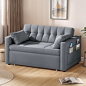 YITAHOME 55" Convertible Sofa Bed, 3-in-1 Sleeper Sofa with Pull-Out Bed, Velvet Futon Couch with Reclining Backrest and Side Pocket, Modern Loveseat for Living Room, Grey, Full Size