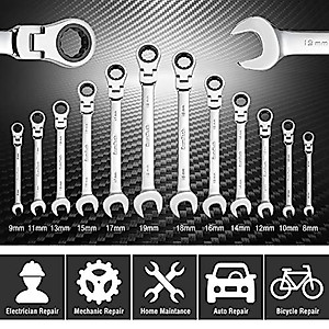 DURATECH Flex-Head Ratcheting Wrench Set, Combination Wrench Set, 72 Tooth, Metric, 12-piece, Size Covers 8-19mm, CR-V Steel, with Rolling Pouch
