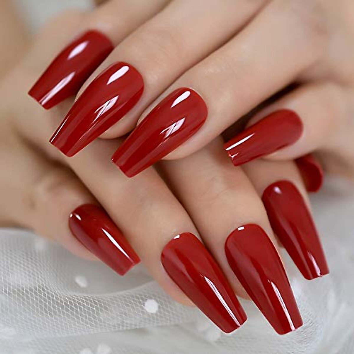 Gorgeous Red Press on Ballet False Nails Long Ruby-red Coffin Ballerina UV Fingersnails Free Adhesive Tapes 24pcs/set