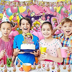 Mario Princess Peach Birthday Party Supplies for Girls, Princess Peach Party Decorations Include Banner, Princess Peach Balloon, Backdrop, Cupcake Toppers for Princess Peach Birthday Decorations