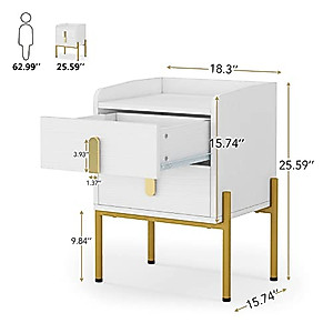 Tribesigns 2-Drawer Nightstands Set of 2, Modern White Gold Nightstand for Bedroom, Wooden Bed Side Table with Storage, Large Night Stand with Gold Metal Frame, Sofa Side Table for Living Room