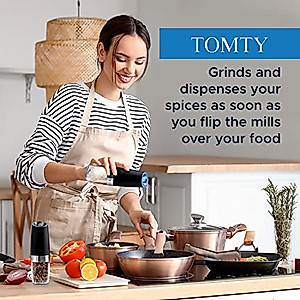 (2 Pack) Gravity Electric Salt and Pepper Grinder Set Battery Operated One Hand Automatic Operation, Adjustable Coarseness Mill Grinders Shakers LED Light Stainless Steel, Kitchen Gadgets Gifts Ideas