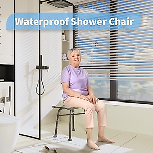 Adjustable Heights Shower Chair, Waterproof Bathroom Bath Bench Seat, Shower Bench with Suction Feet, Shower Stool for Elderly Disabled with Handles and Rust Resistant Legs, 300 LB Weight Cap, Black