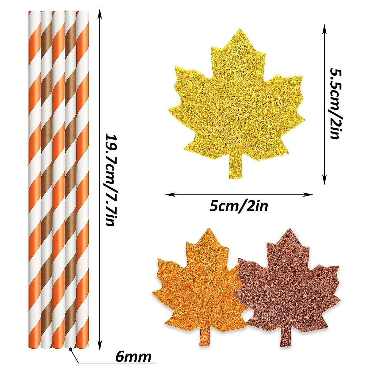 Whaline 60Pcs Thanksgiving Maple Leaf Paper Straws Fall Glitter Leaf 3 Color Disposable Drinking Straws Orange Brown Stripeed Straws with Glue Points for Autumn Thanksgiving Party Supplies