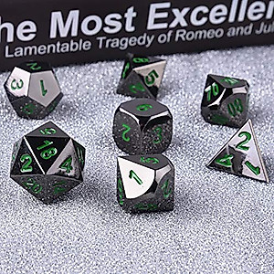 SIQUK Metal Polyhedral Dice Shiny Black Body and Dark Green Numbers Zinc Alloy Dice with Metal Case