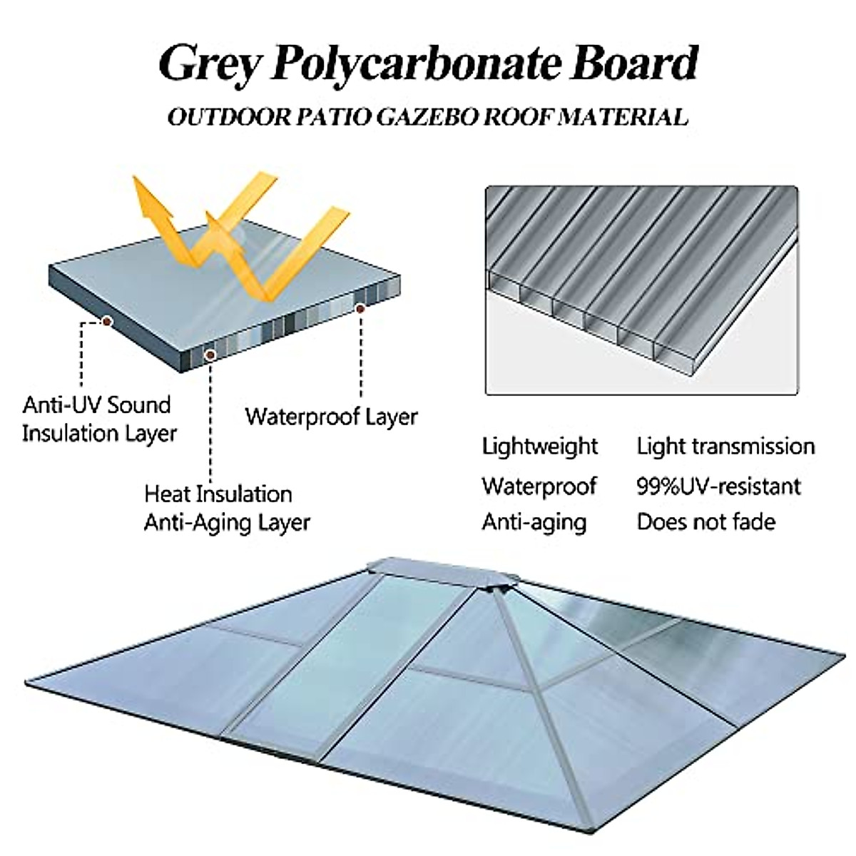 GARTOO 10'x10' Hardtop Gazebo, Outdoor Gazebo with Translucent Roof, Polycarbonate Top Aluminum Frame Garden Tent with Breathable Mesh and Privacy Curtains for Patio Lawn Garden Backyard, Gray