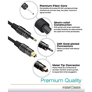 FosPower (3ft) 24K Gold Plated Toslink to Mini Toslink Digital Optical S/PDIF Audio Cable with Metal Connectors & Strain-Relief PVC Jacket FosPower (3ft) 24K Gold Plated Toslink to Mini Toslink Digital Optical S/PDIF Audio Cable with Metal Connectors & St