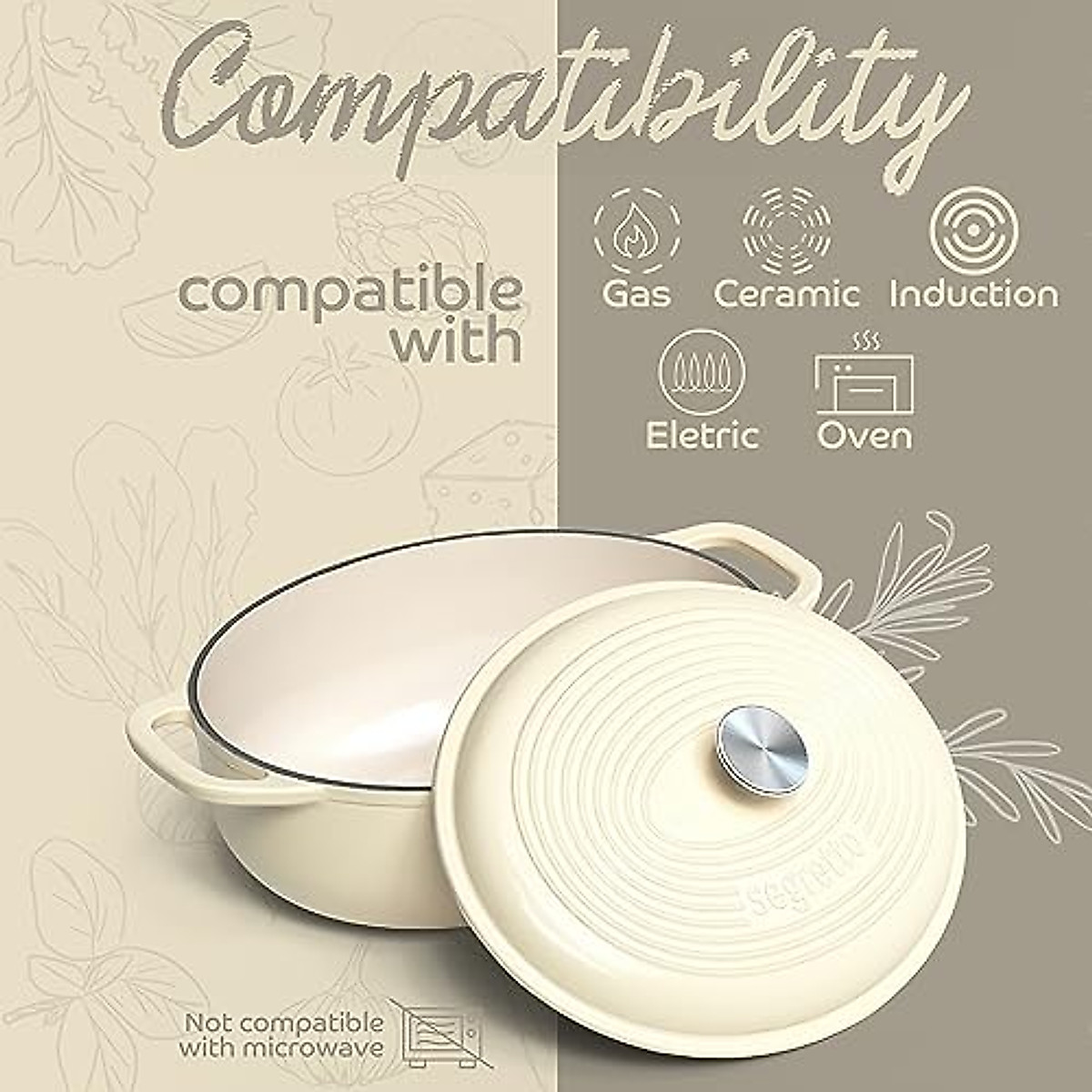 Segretto Cookware Enameled Oval Cast Iron Dutch Oven with Handle, 7 Quarts, Bianco Perla (Pearl White), 7qt Dutch Oven Pot with Lid Cast Iron Enamel Dutch Oven for Bread Baking, Basting, Cooking, Soups
