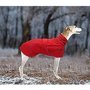 Greyhound Lurcher Winter Coat, Whippet Warm Coat with Fleece, Water Resistant Dog Jacket with Adjustable Bands and Zipper Harness Hole - Red - XSmall
