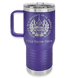 LaserGram 20oz Vacuum Insulated Travel Mug with Handle, Flag of El Salvador, Personalized Engraving Included (Dark Purple)
