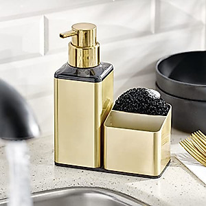 mDesign Modern Aluminum Kitchen Sink Countertop Liquid Hand Soap Dispenser Pump Bottle Caddy with Storage Compartments - Holds and Stores Sponges, Scrubbers and Brushes - Soft Brass Finish