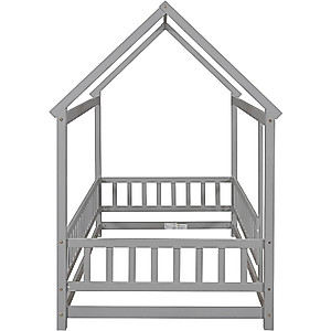 Harper & Bright Designs Twin Floor Bed for Kids, Wooden Twin Montessori Floor Bed with Fence-Shaped Rails, Twin Size House Bed for Girls, Boys(Twin, Grey)