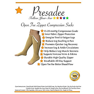 Presadee Open Toe 15-20 mmHg Moderate Compression Leg Calf Swelling Zipper Sock (Beige, 2XL)