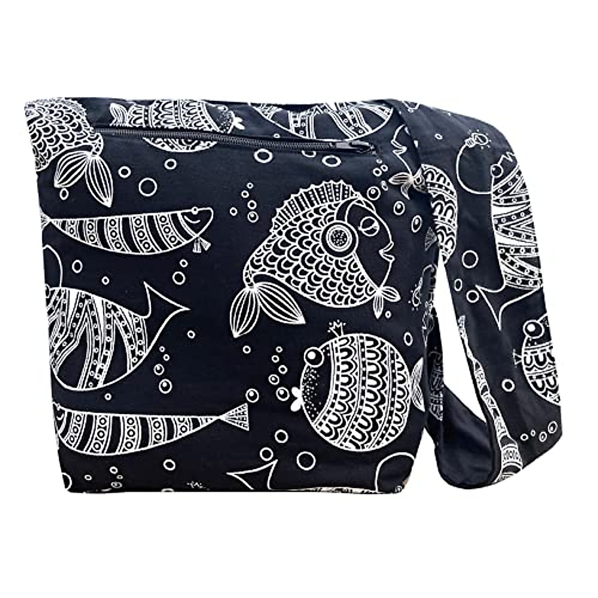 Fish Print Crossbody - Fully Lined with Front Zippered Pocket - Small Hobo Cotton Sling Messenger Bag - Black & White