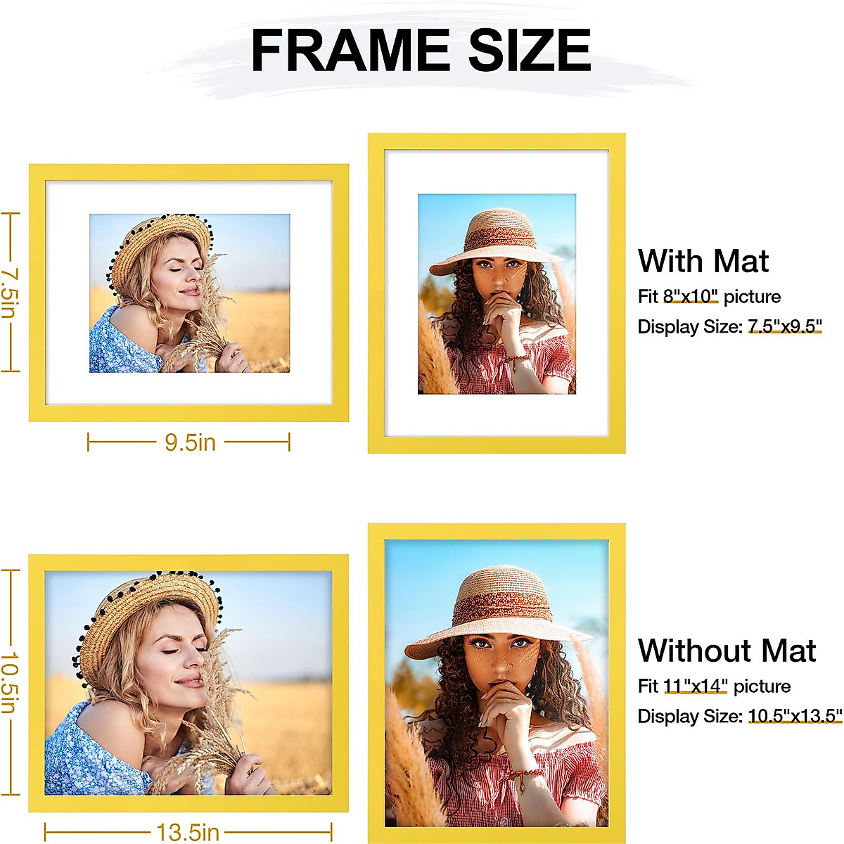 Vittanly 11x14 Picture Frame, Engineered Wood with Shatter Resistant Plexiglass, Display Pictures 8x10 with Mat or 11x14 without Mat, Photo Frame for Wall or Table Top Display, Yellow, 1 Pack