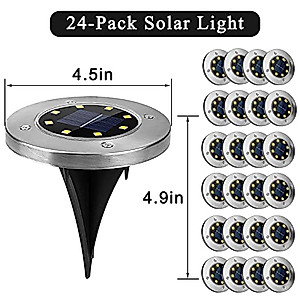 24 Pack Solar Ground Lights Outdoor Waterproof, 8LED Pathway Lights Solar Powered, Solar Disc Outdoor Garden In-Ground Lights for Yard Pool Patio Deck Garden Pathway Landscape Lighting (Warm Light)