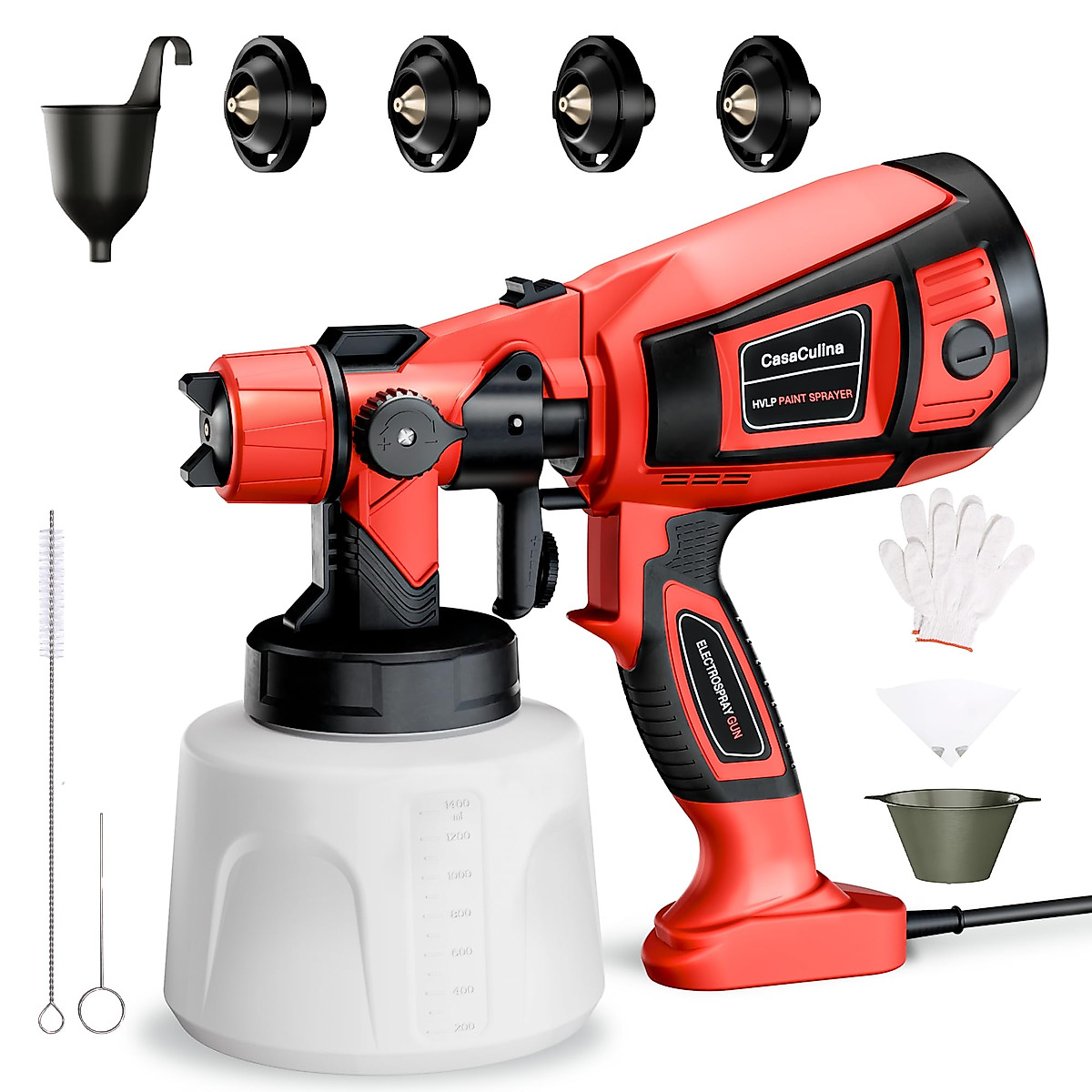 CasaCulina 850W HVLP Paint Sprayer, 1400ml Large Container Spray Paint Gun, 4 Nozzles, 3 Patterns and Filter, Electric Paint Sprayer for Painting Furniture Cabinets Fence Walls Door DIY Projects, Red