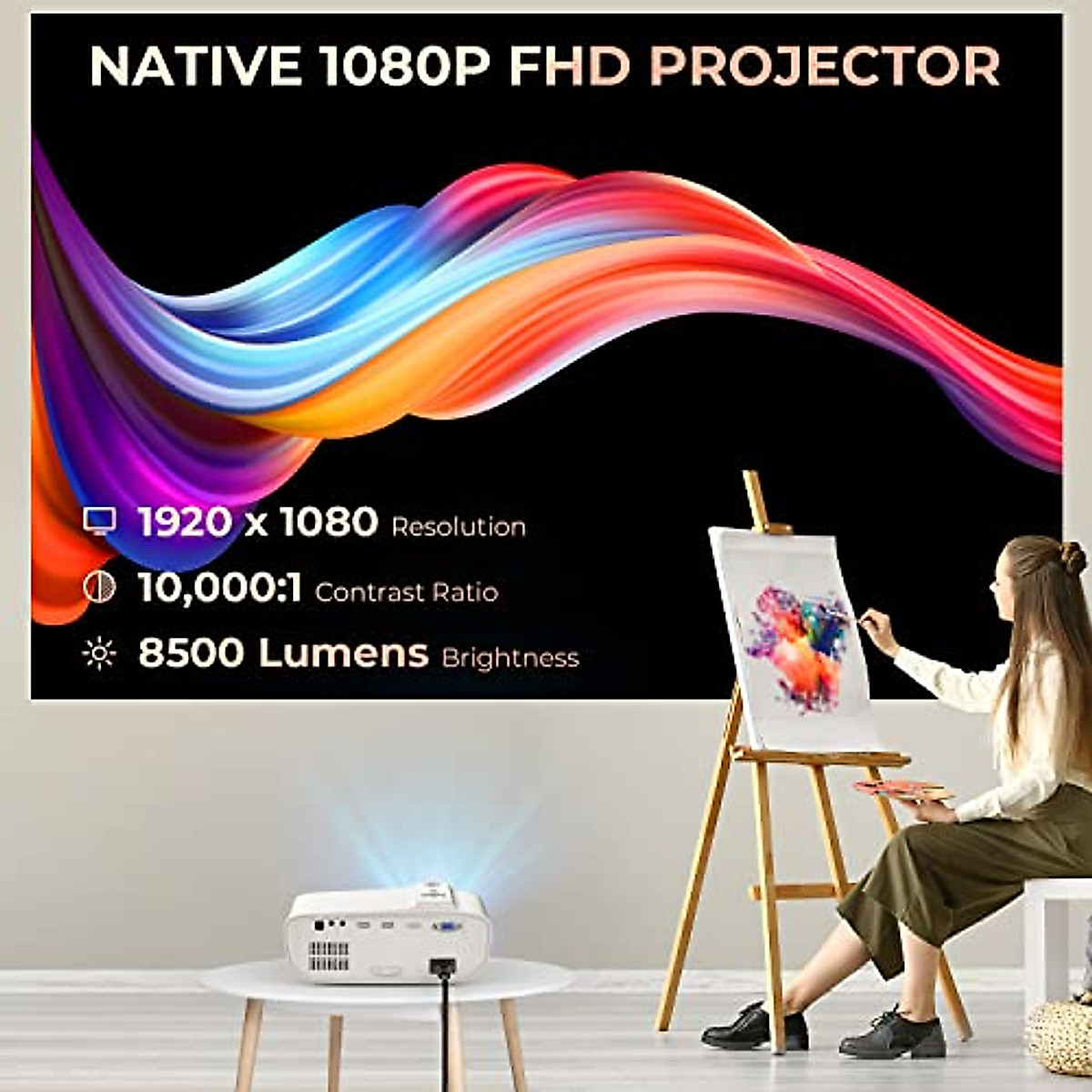 Projector with WiFi and Bluetooth, Native 1080P Projector for Outdoor Movie, 8500 Lumens, Portable Mini Projector Compatible with iPhone/Smartphone/TV Stick/Xbox/PC/Laptop w Carry Bag