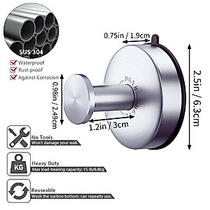 DGYB Suction Cup Hooks for Shower Set of 2 Brushed Nickel Towel Hooks for Bathrooms Waterproof Stainless Shower Hooks for Inside Shower 15 Lb Bathroom Hooks for Towels