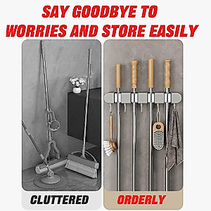 Punch Free Multifunctional Mop Holder for Wall, Multifunctional Mop Holder With Hook, Broom Mop Holder Garden Tool Organizers Storage Rack, Heavy Duty Self Adhesive Mop Holder Wall Mounted (White D)