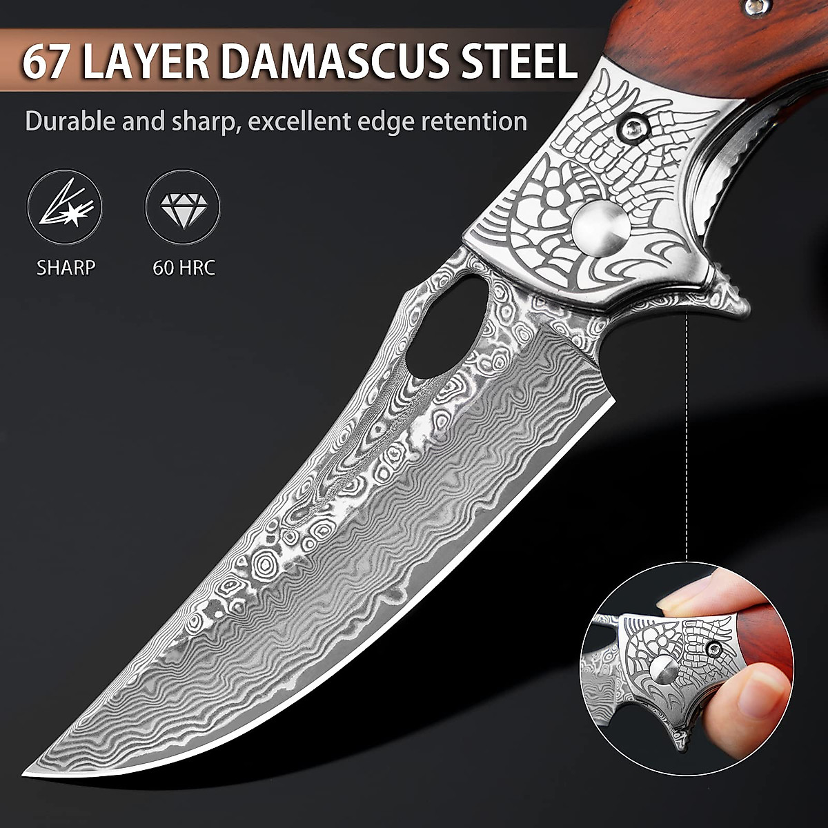 LOTHAR Damascus Pocket Knife for Men, 8.03" VG10 Folding Knife with Retro Leather Sheath,Sandalwood Handle, Classical Bolster, Lanyard Hole, EDC Knife Anniversaries, Christmas, elegant gifts for Men (Yellow)