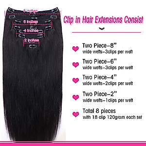 Straight Human Hair Clip in Hair Extensions for Black Women 100% Unprocessed Full Head Brazilian Virgin Hair Natural Black Color,8/Pcs with 18Clips,120 Gram (18inch, Straight hair)