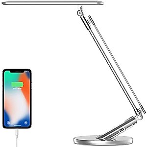 LED Desk Lamp,JUKSTG Eye-Caring Table Lamp 7 Brightness Levels 4 Lighting Modes Home Office Lamps,Desk Light with USB Charging Port,Blue Light Filter,Touch Control,14W Adjustable Reading Lamps,Silver