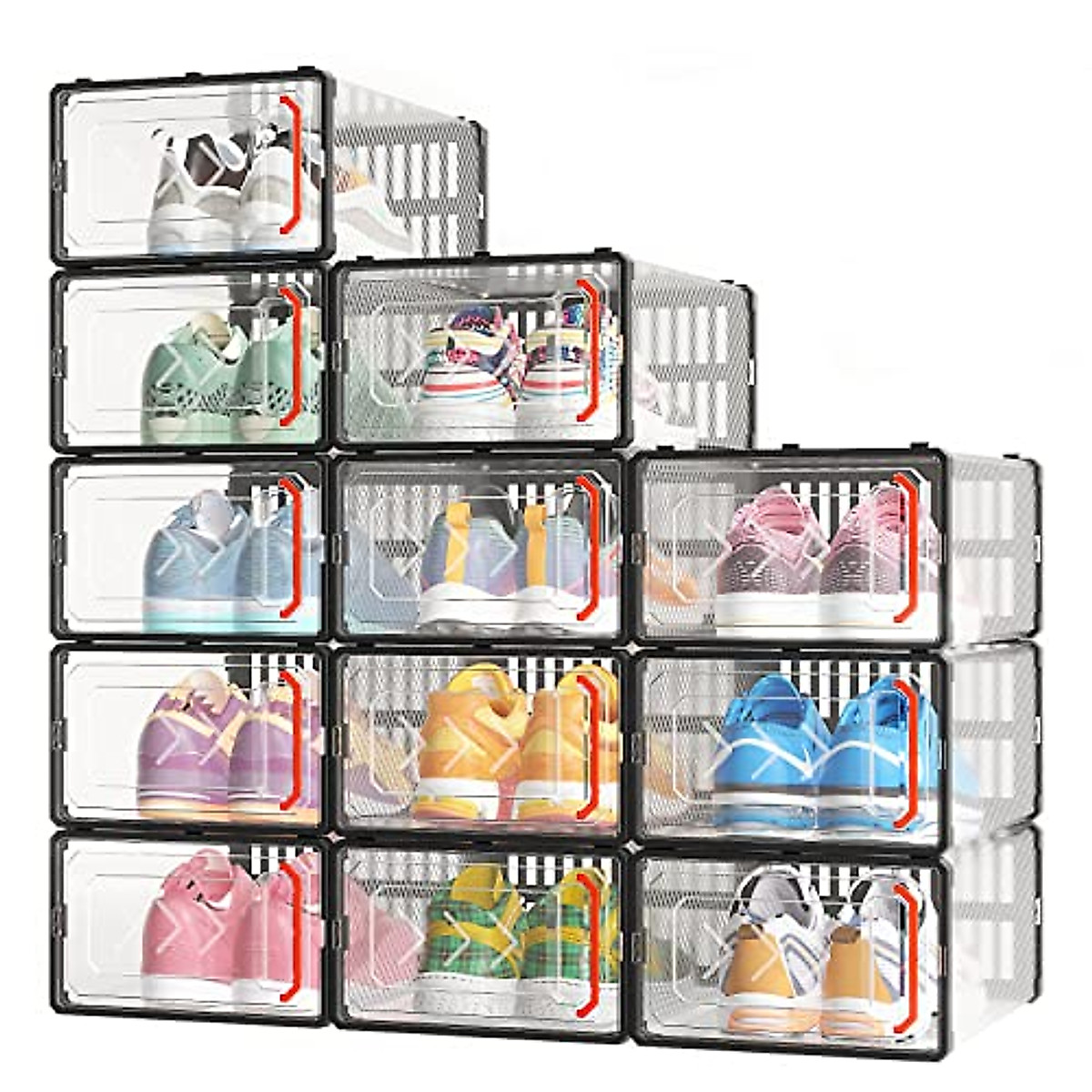 Gardace 12 Pack Shoe Organizer, Clear Plastic Stackable Shoe Organizer for Closet, with Red Door Handle, Universal Shoe Storage Boxes for Men and Women, Multifunctional Closet Organizers and Storage