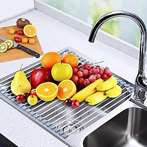 Antspertor Large Roll Up Dish Drying Rack, Over The Sink Multipurpose Roll-Up Dish Racks, 20.5" L x 16" W（Gray） Rolling Stainless Steel Dish Drainer Portable Foldable for Kitchen Counter