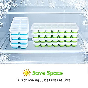 Ice Cube Tray with Lid and Bin, Jrisbo 4 Pack Silicone Easy-Release Ice Cube Trays with Ice Container, Stackable Ice Trays with Storage Ice Bucket, 4 Stainless Steel Straws, Ice Tong, Ice Scoop