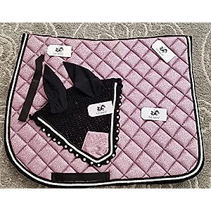 Glittery Shine Horse English Saddle Pad Set with Matching Fly Bonnet Set Ear Net Fly Veil (Rose Gold)
