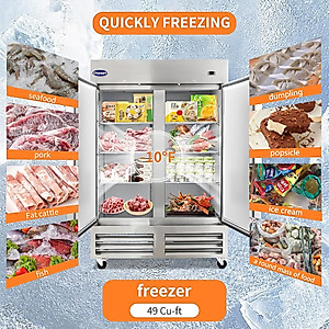CHUMART 54" W Commercial Freezer with 2 door Stainless Steel 49 Cu. Ft Reach-in Freezer 6 Adjustable shelves Fan Cooling Freezer for Restaurant, Commercial Kitchen, Shop, ETL Certification