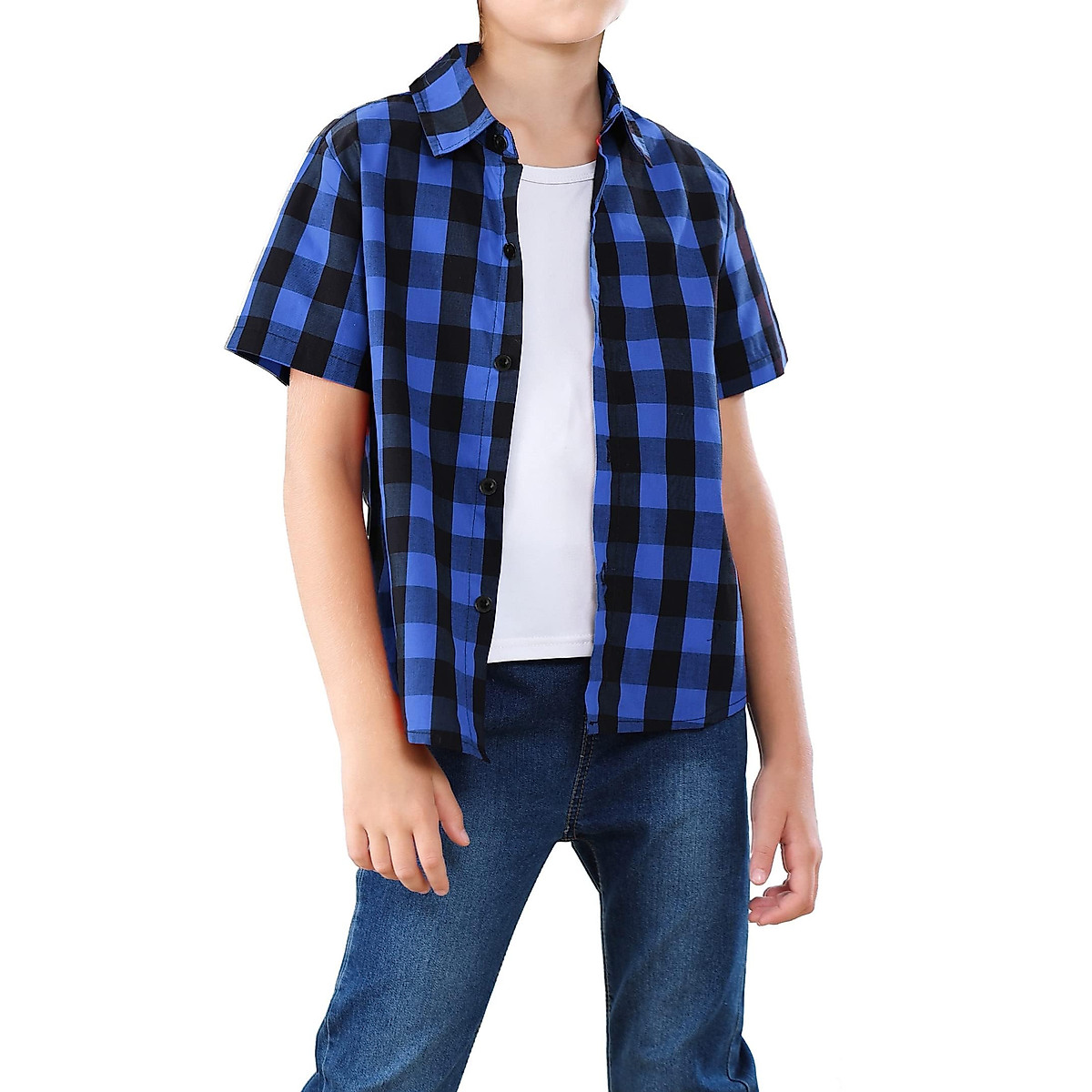 Cromoncent Mens Plaid Shirt Short Sleeve Summer Button Down Shirts Buffalo Plaid Blue, Large