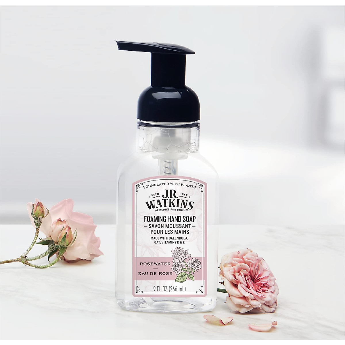 J.R. Watkins Foaming Hand Soap with Pump Dispenser, Moisturizing Foam Hand Wash, All Natural, Alcohol-Free, Cruelty-Free, USA Made, Rosewater, 9 fl oz, 3 Pack