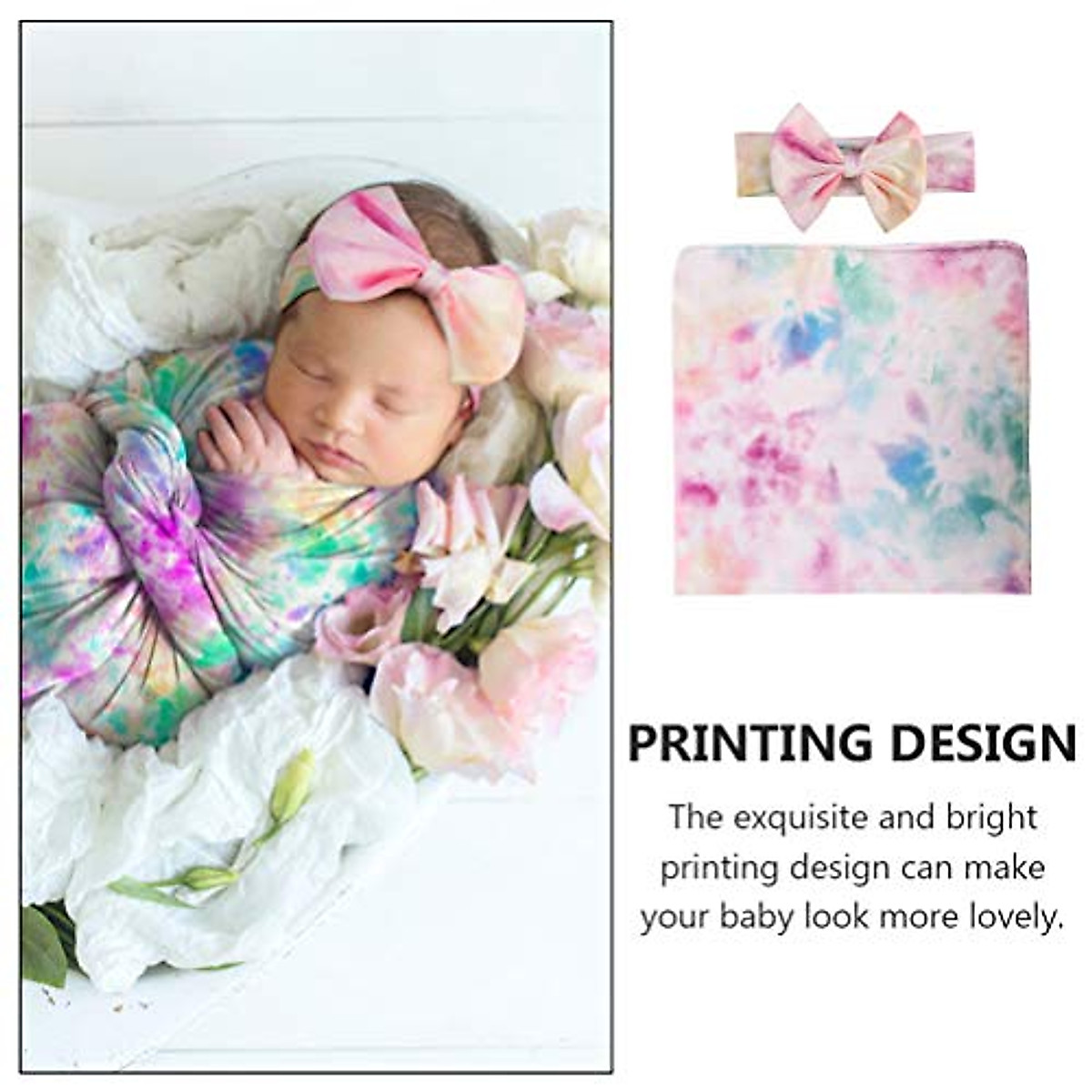 TOYANDONA Infant Swaddle Wrap Tie Dye Receiving Blanket with Bow Headbands Baby Wrap Blanket Stretchy Swaddle Sack Photo Booth Prop for Newborn Infant Baby Unisex