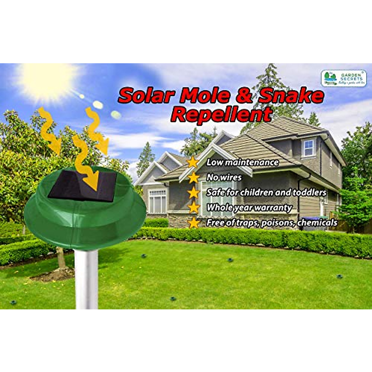 GARDEN SECRETS (2 Pack) Professional Solar Mole & Snake Repellent. Gopher Vole Snake Scorpion etc Deterrent. Keep Underground Creatures Away from Your Property Within 2-4 Weeks. Year Full Warranty!