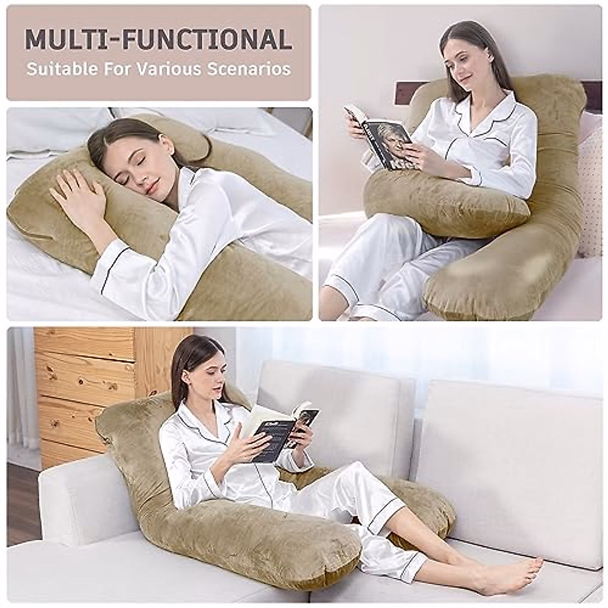 DOWNCOOL Pregnancy Pillow, U Shaped Body Pillow for Pregnancy, 55 Inch Khaki Maternity Pillow with Removable Cover for Sleeping,Support for Back, HIPS, Legs, Belly
