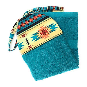 Southwest Black Teal Orange on Cream Ties On Stays Put Kitchen Bathroom Hanging Loop Hand Dish Towel and Set of 2 Square Hot Pad Pot Plate Holders Trivets Hostess Housewarming Gift