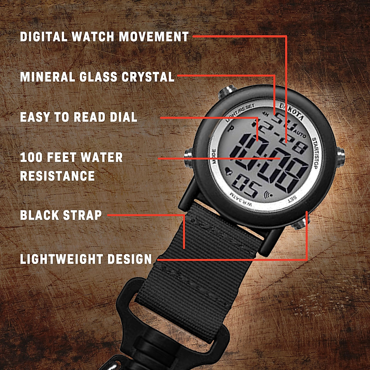 Dakota Light Digital Backpacker, Clip Watch, Alarm, Stopwatch, Timer and Dual Time Watch, Outdoor Gifts for Men and Women, Use for Fishing and More, Tactical Digital Watch, Clip On Watch