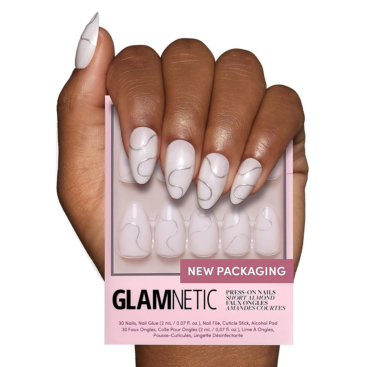 Glamnetic Press On Nails - Silent Night | Short Almond White Nails with 3D Silver Foil in a Glossy Finish | 15 Sizes - 30 Nail Kit with Glue