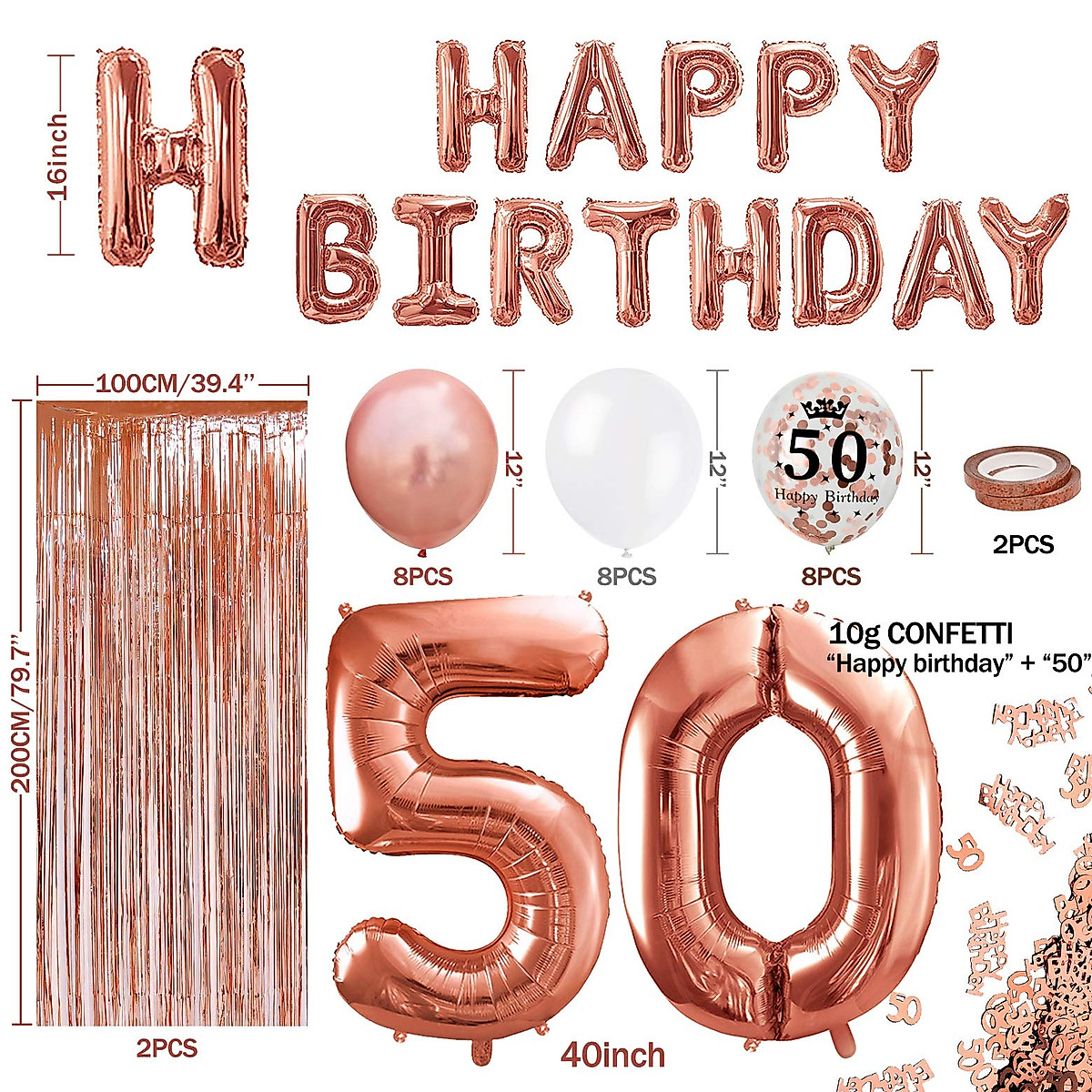 MOVINPE 50th Rose Gold Birthday Party Decoration, Happy Birthday Banner, Jumbo Number 50 Foil Balloon, 2 Rose Gold Fringe Curtain, Latex Confetti Balloon, Table Confetti for Girl Women Anniversary