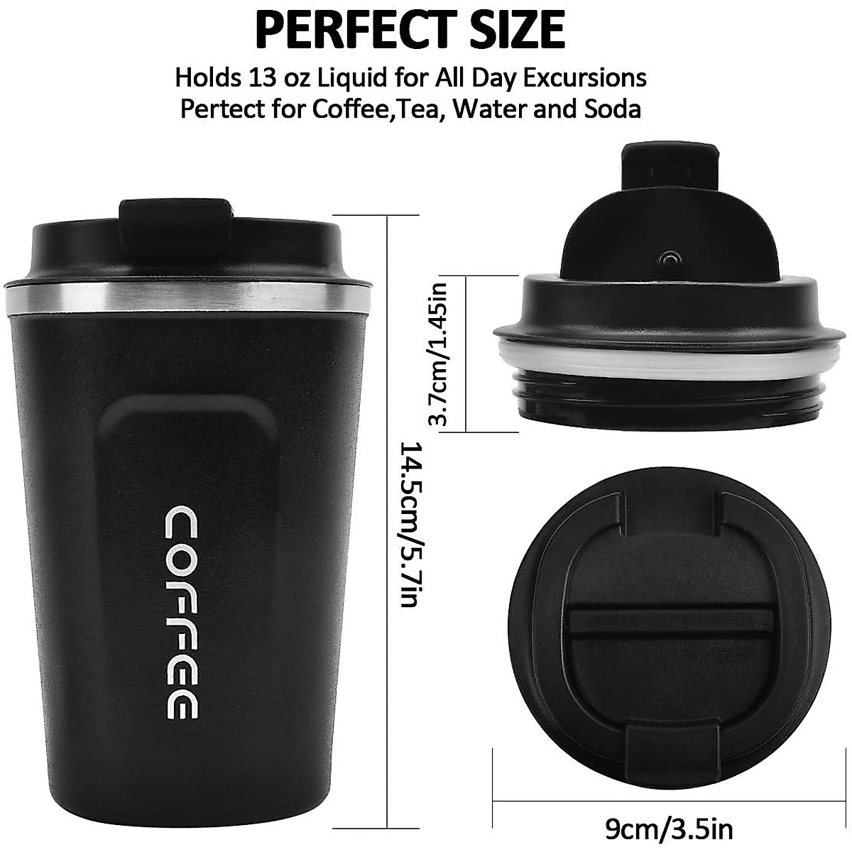 Coffee Mug 12oz - Insulated Coffee Travel Mug Spill Proof with Leakproof Lid Vacuum Stainless Steel Thermos Coffee Tumblers to GO, Reusable Coffee Cup for Men and Women for Hot & Cold Drinks (Black)