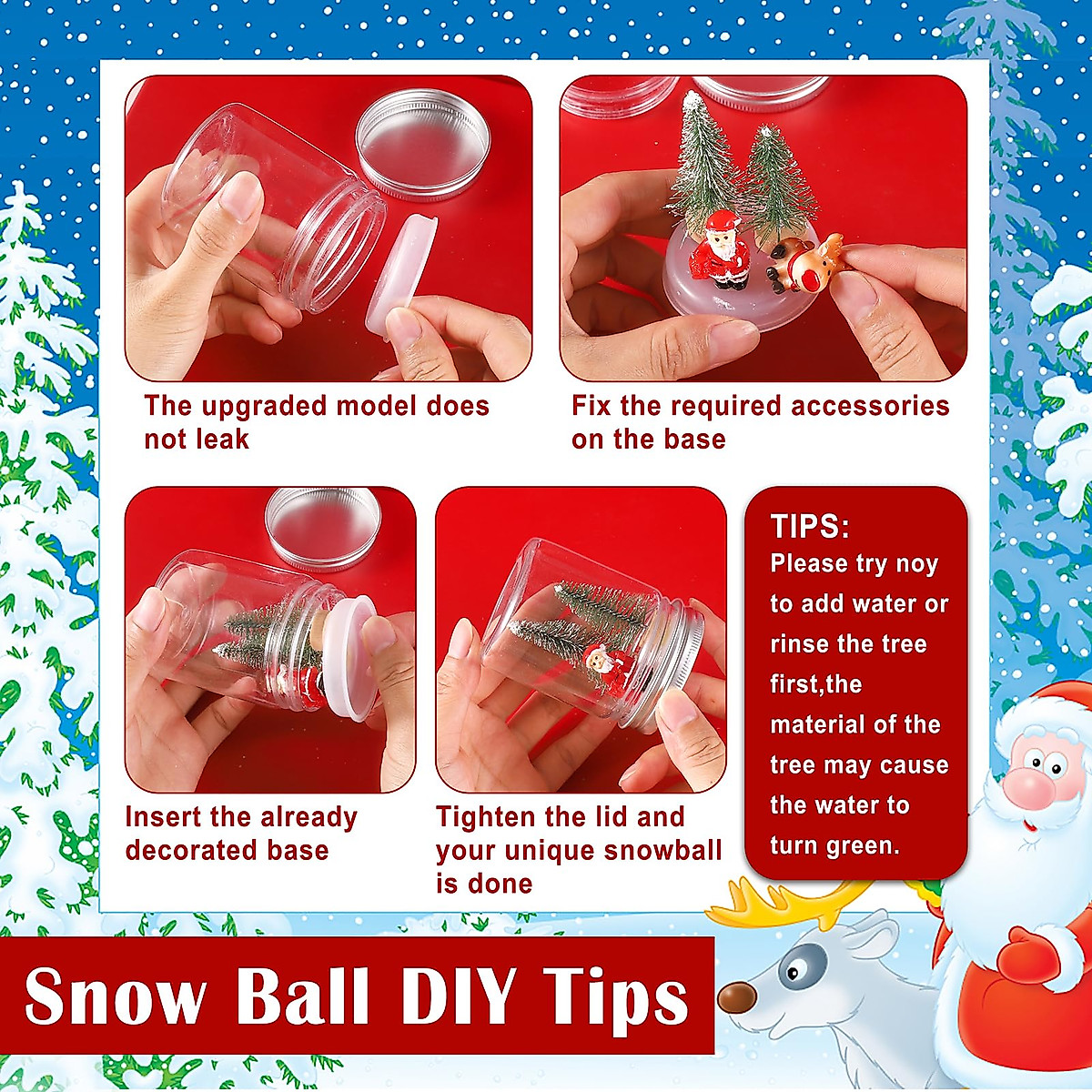 18 Pack Christmas Plastic Snow Globes Kit Includes 18 Clear Snow Globe, 36 Mini Xmas Trees, 18 Christmas fillable Ornaments, 1 Christmas Sticker with Artificial Snow for DIY Crafts Home Winter Decor