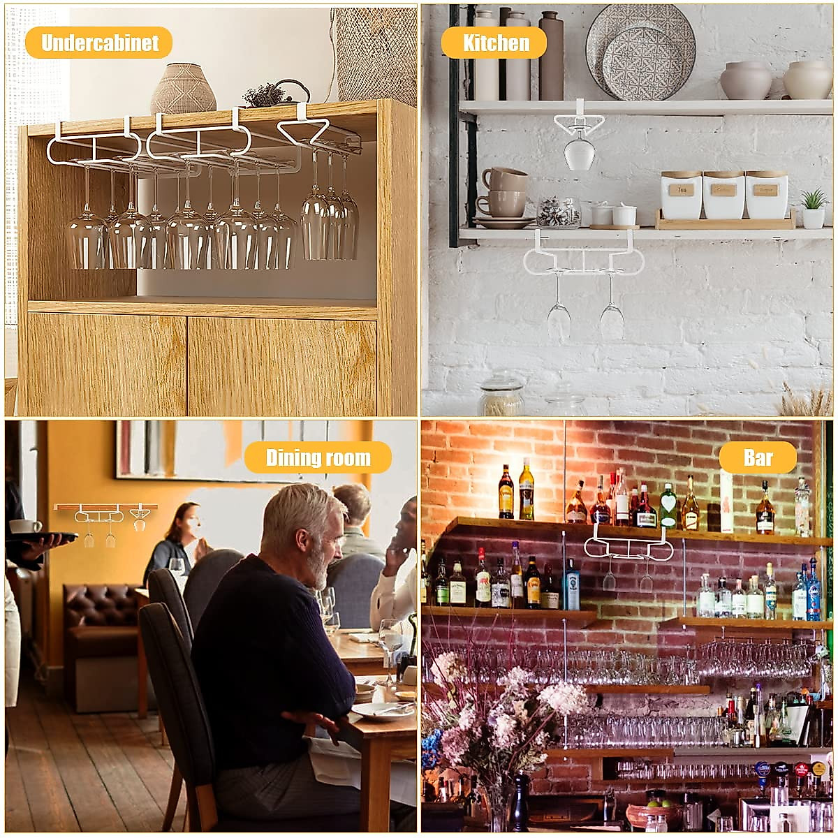 Brynnl 2 Pack Wine Glass Holder, Wine Glass Rack Under Cabinet,Punch-free Hanging Wine Glass Rack for Bar Kitchen （White）