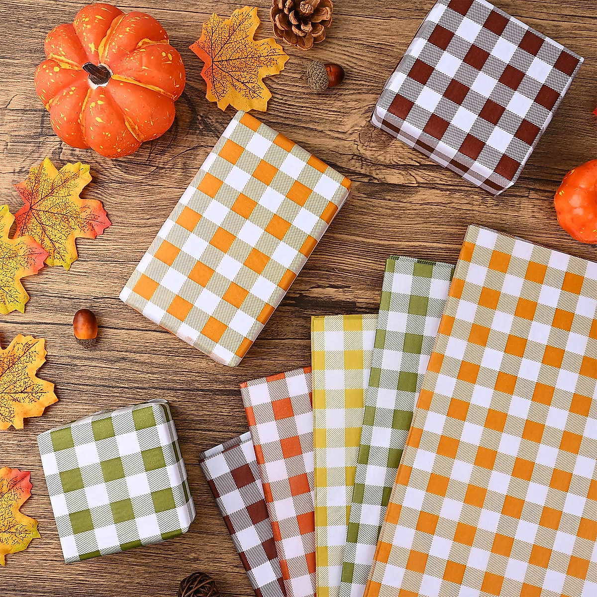50 Sheets Large Size Autumn Plaid Tissue Bulk, 28 * 20'' Brown Green Yellow Red Orange Buffalo Plaid Gift Wrapping Tissue for Fall Harvest Thanksgiving Day Party DIY Craft