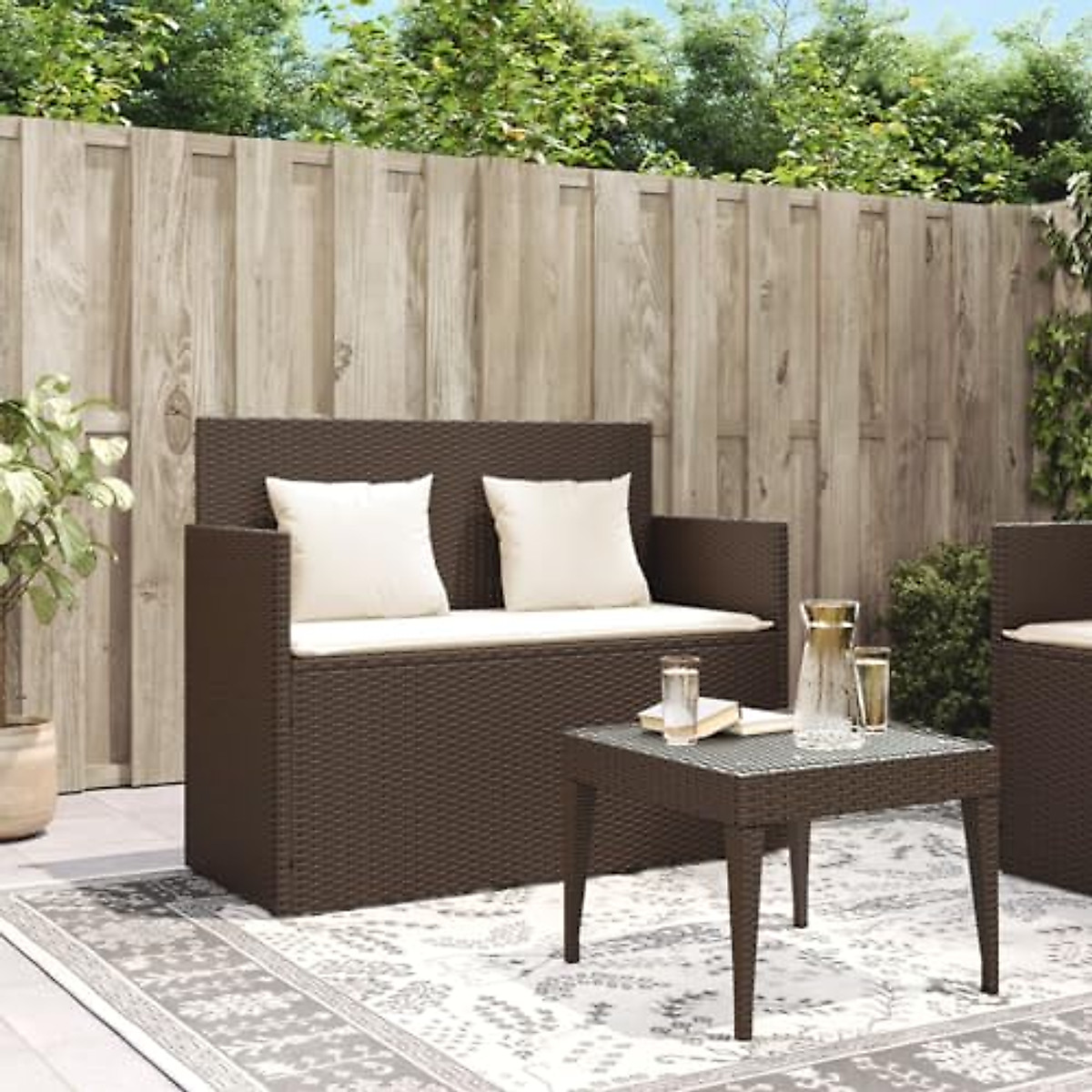 EVERSTRO Patio Bench with Cushions Brown Poly Rattan,Versatile Patio Bench with Storage for Outdoor Essentials Garden Furniture, Outdoor Seating