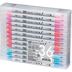Kuretake ZIG CLEAN COLOR f 36 colors set, 0.5 mm & 1.2 mm, AP-Certified, Odourless, Xylene Free, Suitable for dark paper, Perfect for illustrating, sketching, designing and cartooning. Made in Japan