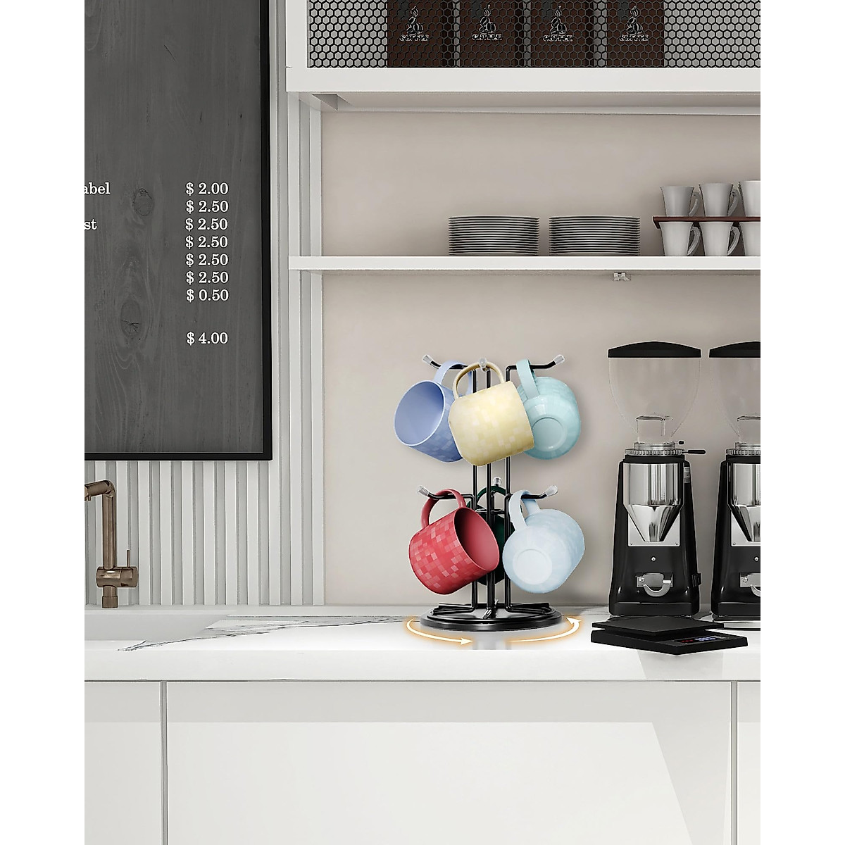 Bulado Mug Tree for Large Mugs, 360° Rotated Coffee Mug Holder, Metal Mug Tree for Counter Large Mugs 6, Coffee Cup Holder for Countertop for Easy Grab and Drop, Mug Stand for Coffee Bar Kitchen