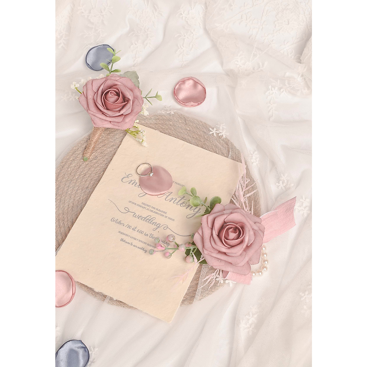 ANNKIN Dusty Rose Corsage and Boutonniere Set, Rose Boutonniere for Men Wedding, Prom Artificial Flower Wrist Corsage Bracelets, Homecoming Corsage Wristlet, Flowers Accessories Prom Suit Decorations