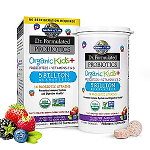 Garden of Life Dr. Formulated Probiotics Organic Kids+ Plus Vitamin C & D - Berry Cherry - Gluten, Dairy & Soy Free Immune & Digestive Health Supplement, No Added Sugar, 30 Chewables (Shelf Stable)